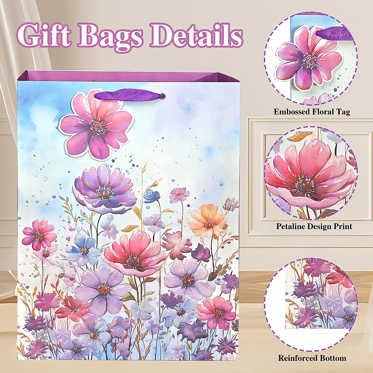 6 Pack Purple Flowers Pattern Embossed Paper Gift Bag with Handles, Assorted Paper Bags with 8 Pcs Tissue Paper for Girls/Women Baby Shower, Celebrations,Birthday,Wedding and Any Occasions