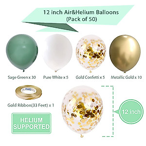 Green and Gold party Balloons, 50pcs 12 Inch Retro Sage Green White Metallic Gold Confetti Balloons with Ribbon for Wedding Birthday Baby Shower Decorations (GreenGold50pcs)