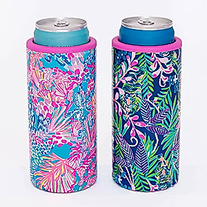 Lilly Pulitzer Slim Can Cooler, Double Wall Stainless Steel, Insulated Drink Sleeve for 12 Oz Skinny Bottles and Seltzers, Splendor in the Sand