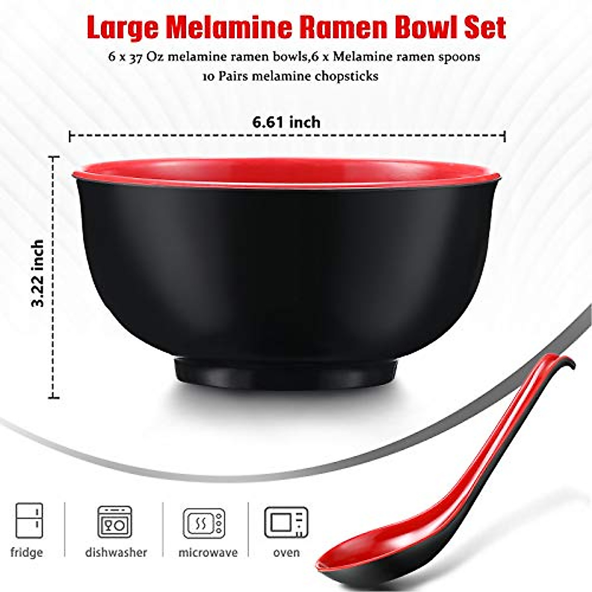 6 Sets 37 oz Large Ramen Bowl Set with Spoons Chopsticks, Asian, Chinese, Japanese or Pho Melamine Soup Bowl, Complete Dinnerware for Pho, Udon, Soup and Asian Cuisines
