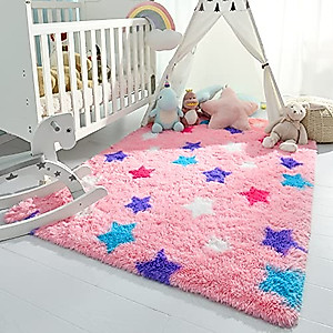ST. BRIDGE Soft Shag Rug for Girls Bedroom, Fluffy Bedroom Carpet for Princess Castle Baby Toddlers Kids Room Decor, Anti-Skid Fuzzy Cute Nursery Mats Living Room Dorm Plush Carpet, Pink 3 x 5 Feet