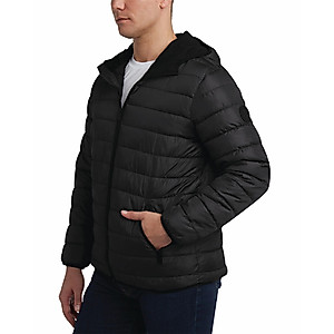 Perry Ellis Men's Winter Jacket - Soft Fleece Quilted Packable Puffer Hooded Down Jackets - Winter Jackets for Men (S-XXL), Size Large, Ink Black