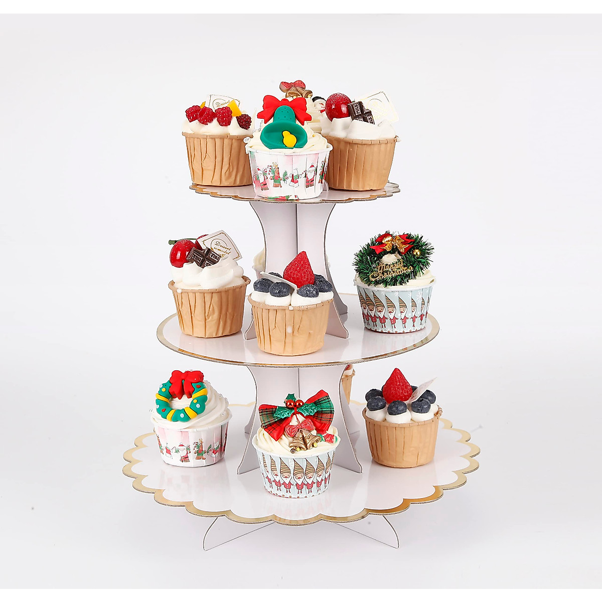 YLDW 3-Tier Cupcake Stand, Lace Trim Cake Stand Holder, Tiered DIY Cupcake Stand Tower for Dessert Table Displays, Birthday Theme Party Favors Decoration, Floral Tea Party, 12" W x 12.8" H, White