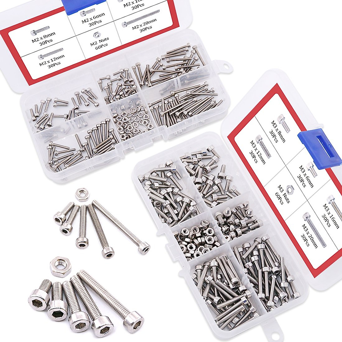 Hilitchi 420pcs M2 M3 Stainless Steel Hex Socket Head Cap Screws Nuts Assortment Kit with Box (304 Stainless Steel)