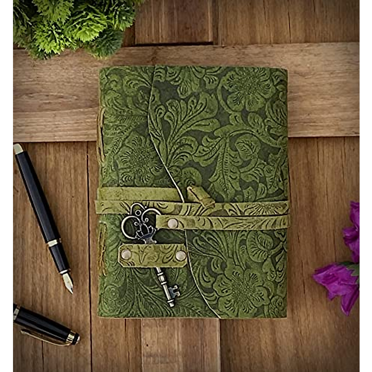 Leather Journal - Antique Handmade Deckle Edge Vintage Paper Leather Bound Journal - Book of Shadows Journal - Leather Sketchbook - Drawing Journal - Great Gift ( Green )