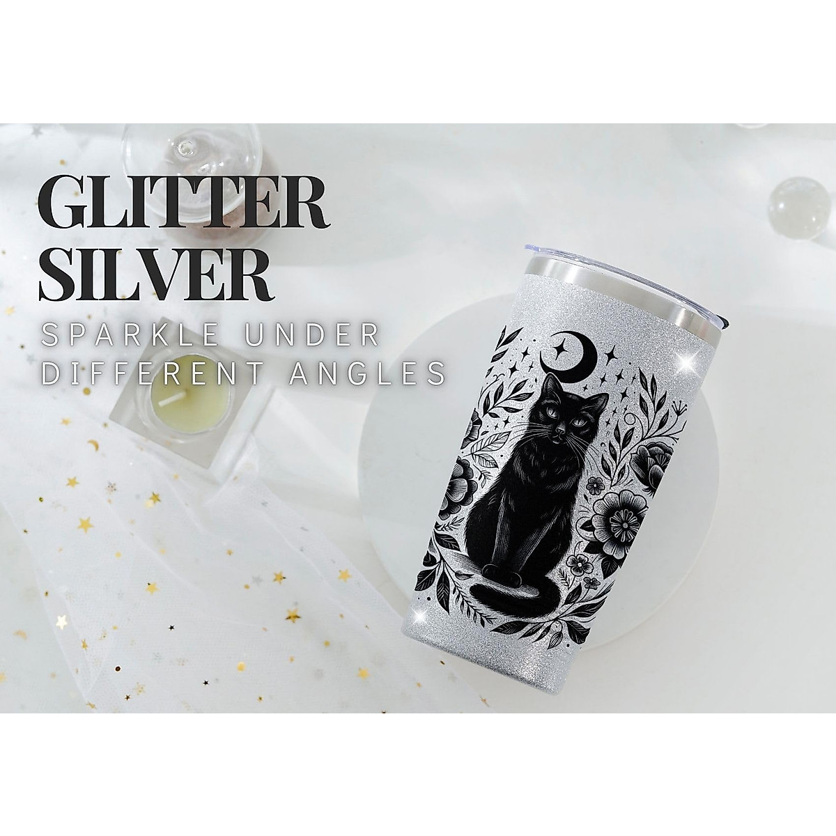 Onebttl Black Cat Gifts for Cat Lovers, Insulated Stainless Steel Tumblers with Lids and Straws, Witch gifts for Christmas, Glitter Silver, 20 oz, Gothic