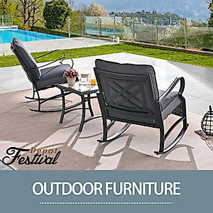 Festival Depot PE Wicker Rocking Chair Set, Patio Bistro Set, 3 Pieces Outdoor Furniture, Conversation Sofa Set of 2 Armchairs & Coffee Table with Removable Cushion All Weather Casual Craft Cozy Small