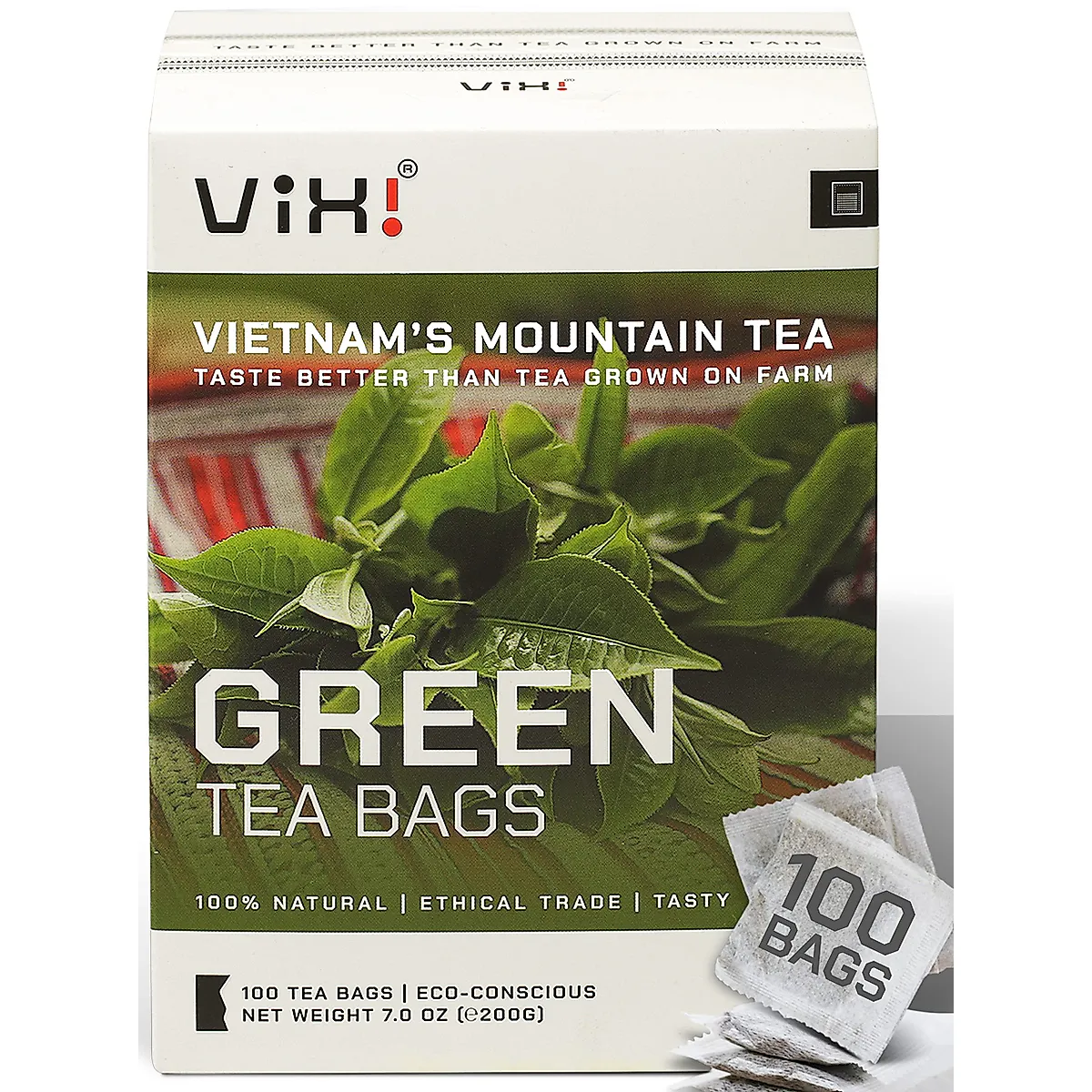 VIXI Green Tea Bags, 100 Counts, Vietnam's Mountain Tea, Antioxidant, Caffeinated, Tagless, Plastic Free, Balanced Flavored, 100% Natural for Hot, Iced and Cold Brew