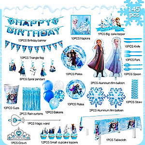 Frozen Birthday Party Supplies,145pcs Frozen Party Decorations&Tableware Set-Frozen Themed Birthday Banner Balloons&Frozen Party Plates Cup Tablecloth etc Anna and Elsa Birthday Decorations