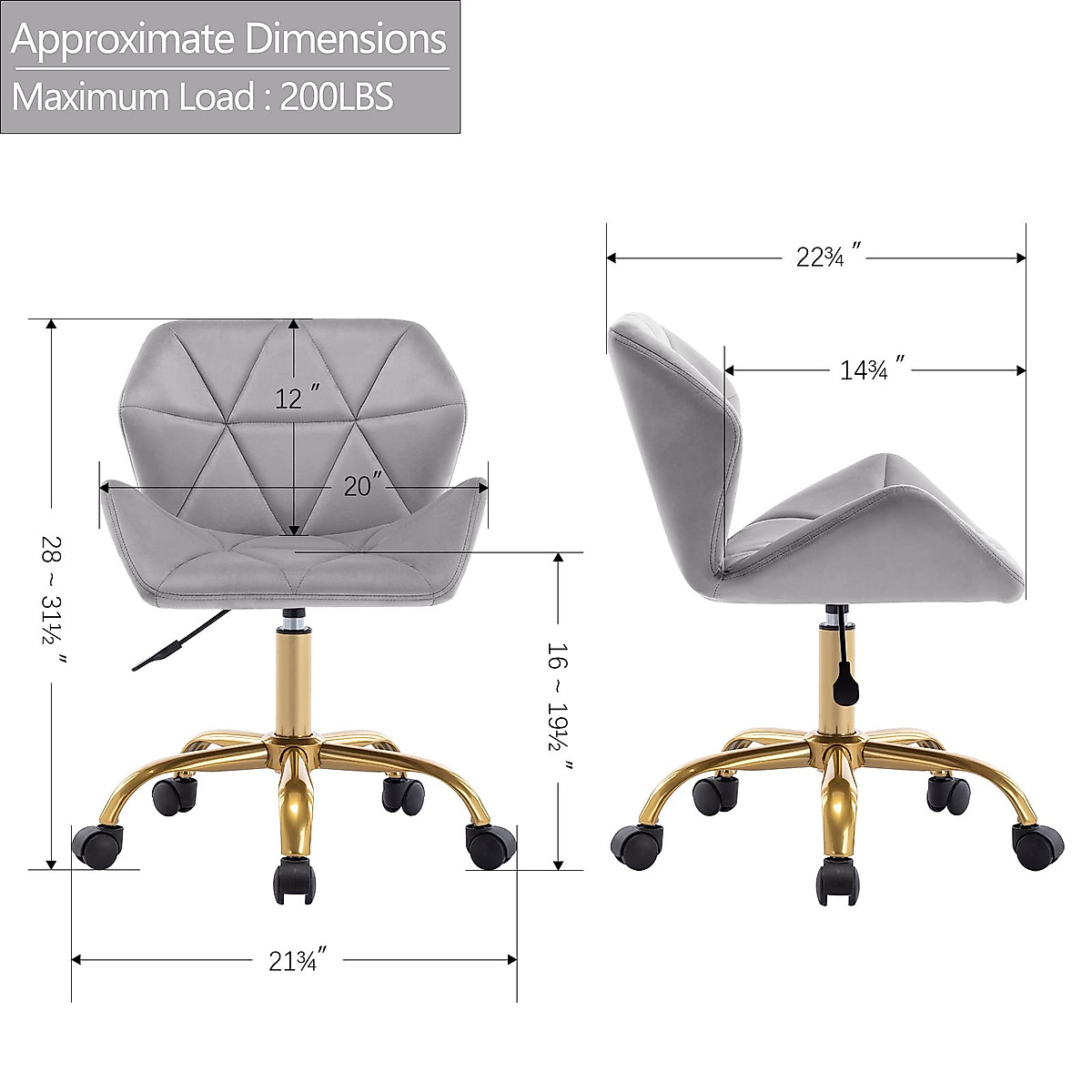 DUHOME Cute Home Office Chair, Velvet Swivel Desk Chair Armless Hydraulic Rolling Computer Chair with Backrest Golden Base for Teens Girls, Grey