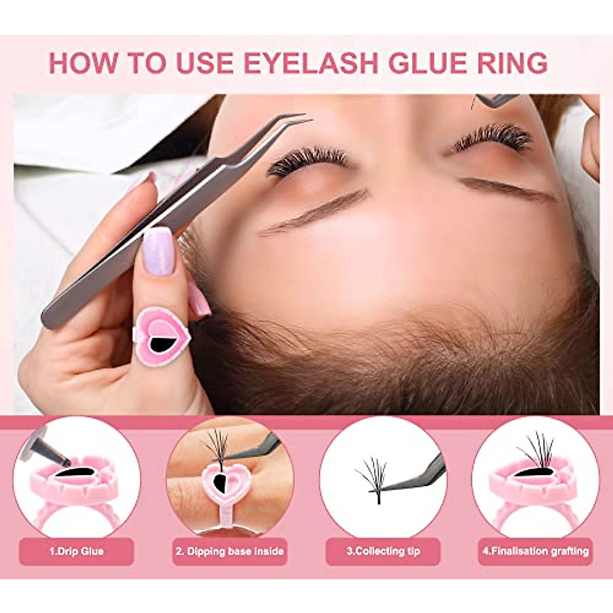 100PCS Disposable Glue Rings for Eyelash Extensions - Heart-Shaped Lash Fan Blossom Supplies with Storage Box - Perfect for Professional Beauty Salons and Individual Lash Techs - Pink