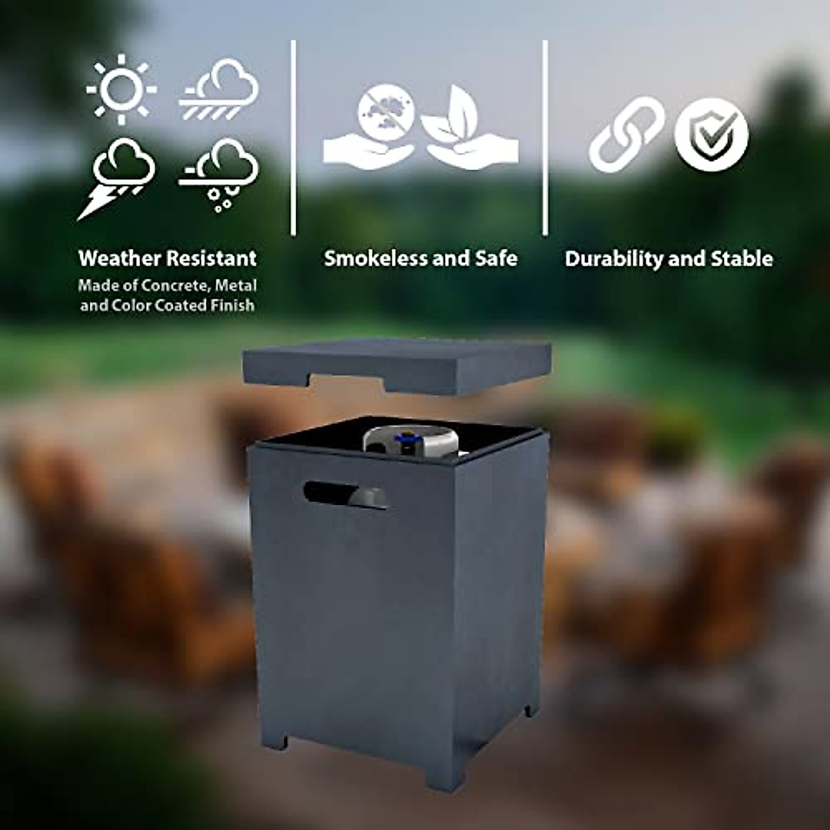 Kante 23.6" H Square Charcoal Eco-Friendly Concrete/Metal Outdoor Patio Backyard UV and Weather Resistant Modern Propane Tank Cover Storage Box for Gas Fire Pit, Hideaway Side Table,RMFP-T01-60121