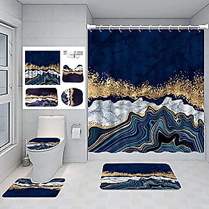 HOMAEUPIN 4 PCS Gold Marble Shower Curtain Sets with Non-Slip Rugs, Toilet Lid Cover, Bath U-Shaped Mat, Luxury Modern Marble Bathroom Sets with Rugs and 12 Hooks Accessories,Gold Dark Blue