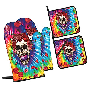 4 Piece Oven Glove and Pot Holder,Greatful Dead Tie Dye Design,Heat Resistant Oven Glove and Pot Holder,Can Be Used for Cooking and Grilling Gold One Size