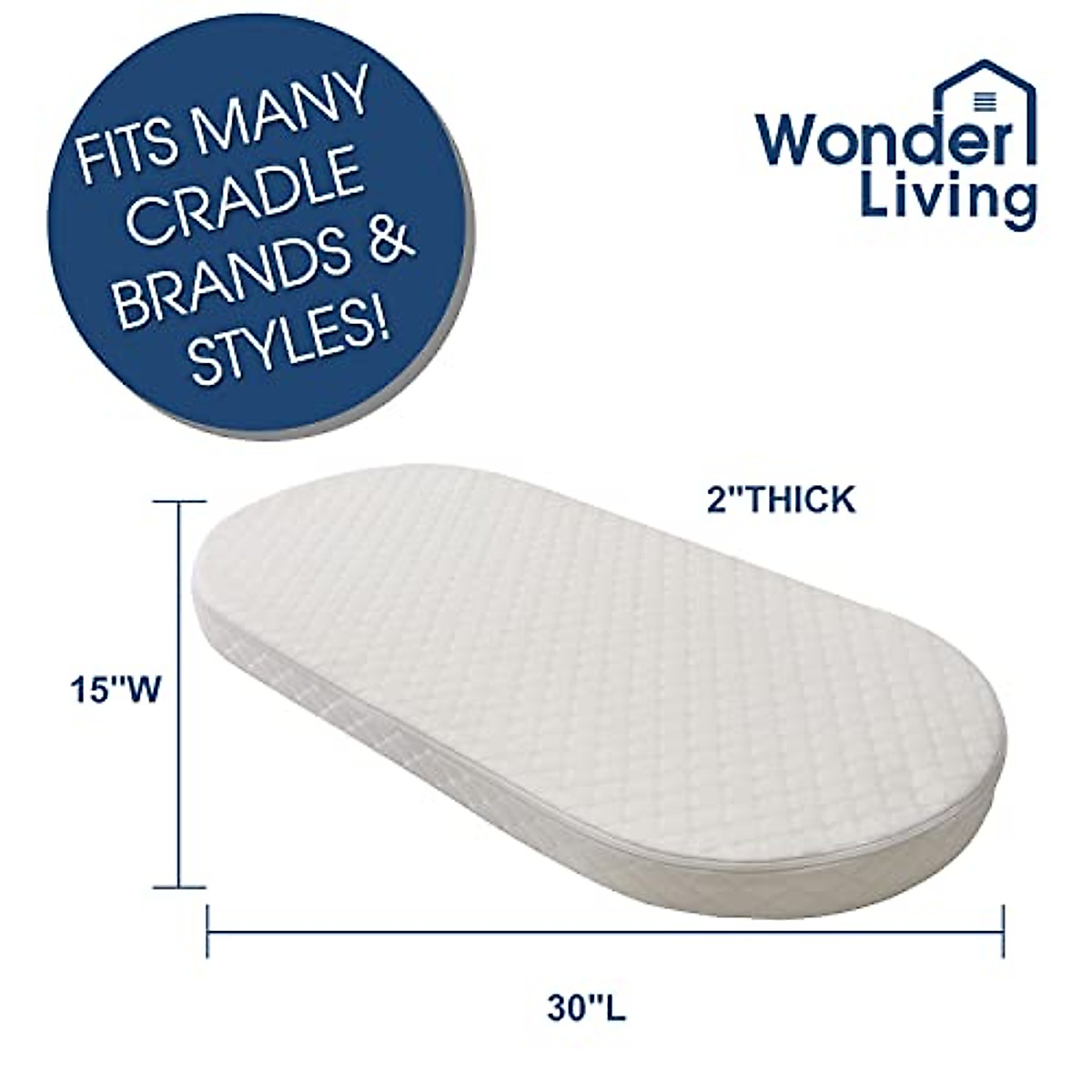 Wonder Living Baby Bassinet Mattress, Breathable, Hypoallergenic, Non-Toxic, Oval Shaped with Removal Waterproof Cover, 15" x 30" x 2''