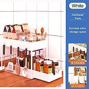 Sliding Under Sink Organizer, Kitchen Cabinet Sink Organizer, Multifunctional Under Sink Shelf Rack Organizer with 2 Cups & 4 Hooks for Bathroom Kitchen(White)