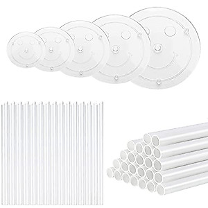 KISEER 5 Pieces Cake Separator Plates Stands with 24 Pieces Plastic Cake Dowels Rods and 15 Pieces Clear Cake Sticks Support Stacking for 4 6 8 10 12 Inch Tiered Cakes
