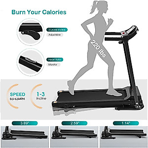 SPORFIT Foldable Treadmill with Incline, Portable Treadmills w/ 3 Adjustable Manual Incline, Heart Rate Sensor&LCD Display, Electric Treadmill, Running Machine for Home&Office, Black