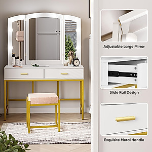 Semiocthome White Makeup Vanity Desk with Mirror and Lights, Make Up Vanity with Power Strip, 39.4" W Vanity Table with 2 Drawers and Stool for Girls, Vanity Set with Gold Metal Frame for Bedroom