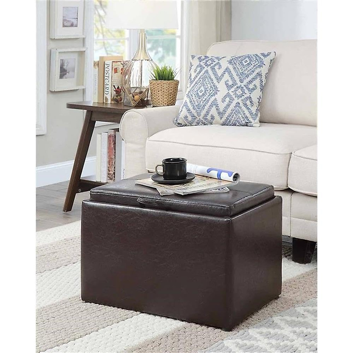 Convenience Concepts Designs4Comfort Accent Storage Ottoman 22.75" - Modern Foot Stool with Decorative Tray for Living Room, Dining Room, Office, Den, Espresso Faux Leather