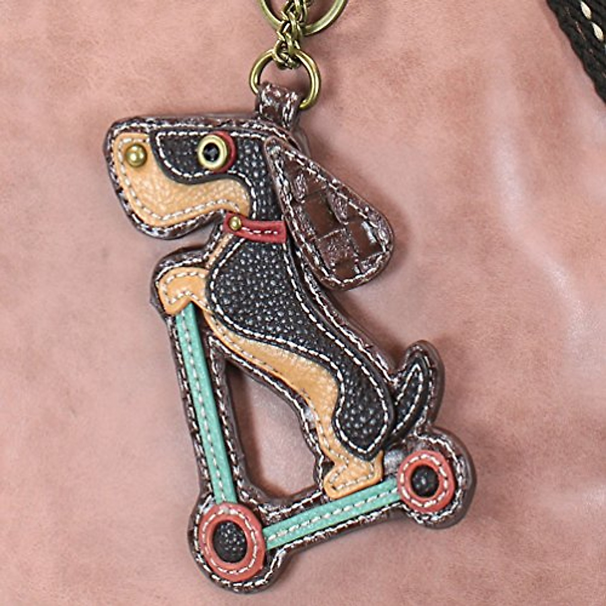 Chala Handbags Dust Rose Shoulder Purse Tote Bag with Dog Key Fob (Wiener Dog with Scooter)
