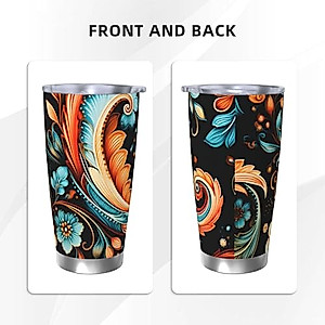 AYCZN Ethnic Feather 20 OZ Tumbler Stainless Steel Travel Coffee Mug, Vintage Flower Floral Insulated Water Bottle with Lid and 2 StrawsLeakproof Thermal Cup