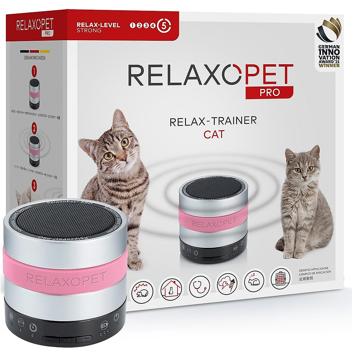 RelaxoPet Pro Cat Relaxation System - Pet Calming Cat Sound Machine with Noise Motion, LED Indicator, Pro Timer - Portable Relaxation Device for Cats During Thunderstorms, Fireworks, & Travelling
