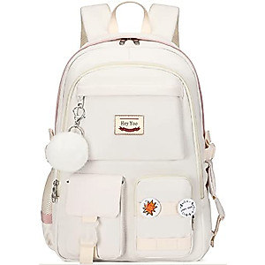 Hey Yoo Backpack for Girls Bookbag Cute School Bag College Middle High Elementary School Backpack for Teen Girls (White)