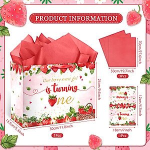 Strawberry 1st Birthday Gift Bag Berry Birthday Decorations Large Sweet One Birthday Wrapping Bag with Tissue Paper and Greeting Card for Baby Girl Christmas Xmas First Birthday Party Supplies