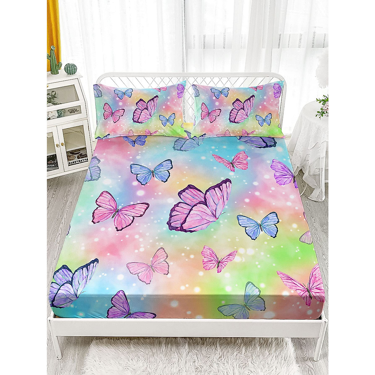 Datura home Bedding Fitted Sheet and Flat Sheet Set 4Pcs Colorful Rainbow Butterfly Printed Bedding Set with 1 Flat Sheet and 1 Fitted Sheet+2 Pillowcases for Girls (Rainbow Butterfly),Twin 67x97inch