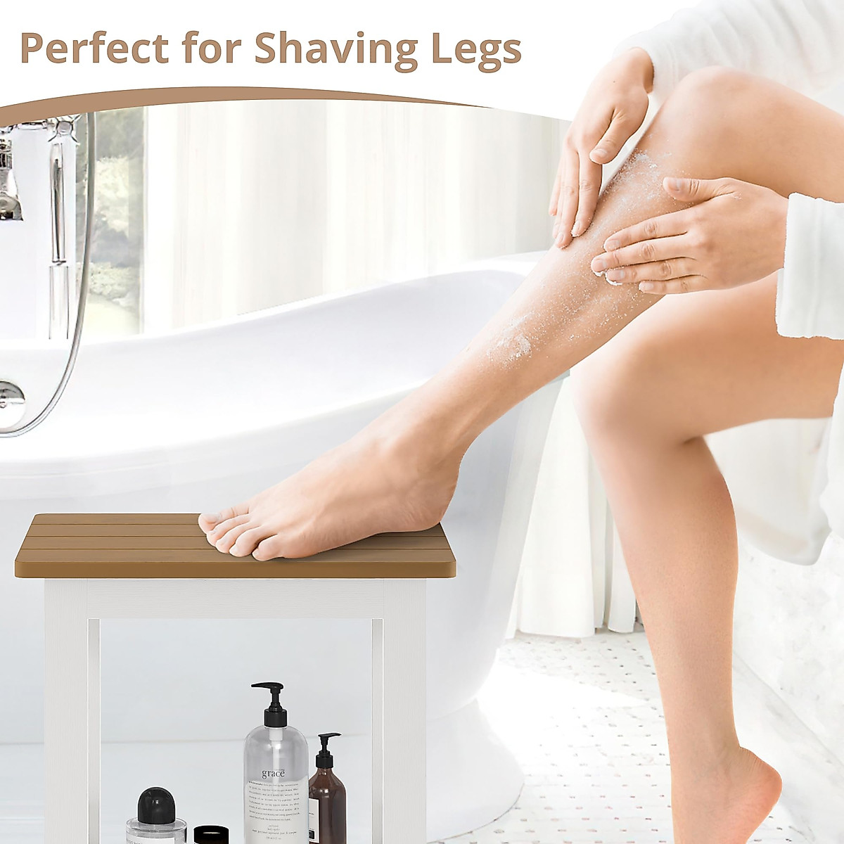 LUE BONA HDPS Shower Bench for Inside Shower to Sit on, Bathroom Shower Stool Seat for Shaving Legs with Storage Shelf, X-Shape Shower Chair, Teak