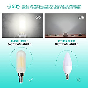 AMDTU E12 LED Bulb Daylight White 4000K, Frosted Candelabra Light Bulbs 40 Watt LED Dimmable, 4W Tubular T6 T25 Chandelier Light Bulb, Candle Light Bulb UL Listed, 6 Pack