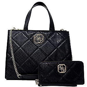 GUESS Women's Logo Patent Quilted Large Tote Bag Handbag & Wallet Set - Black