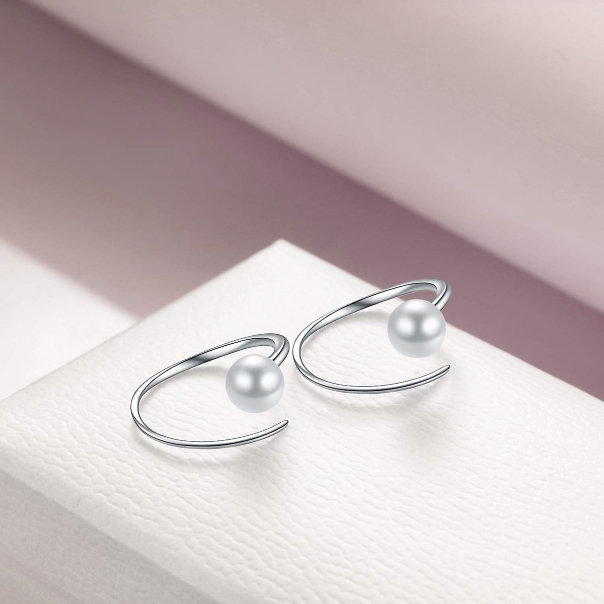 Sterling Silver Pearl Spiral Hoop Earrings Pull Through Small Hoop Earring for Women