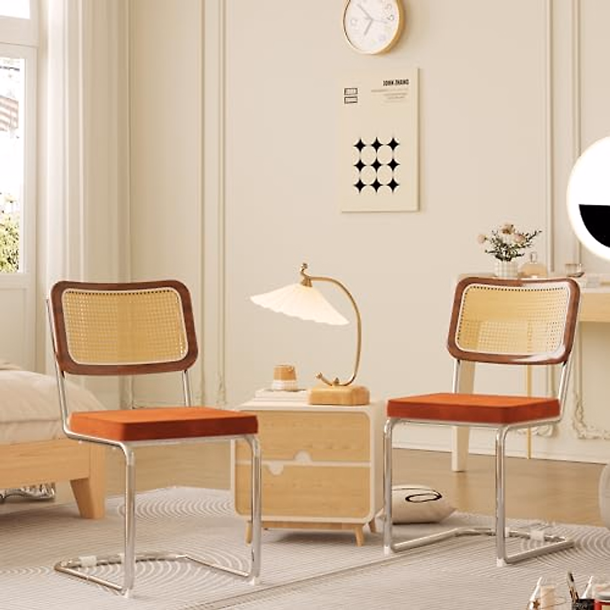 MeetLeisure Rattan Dining Chair Set of 2, Mid-Century Modern Chairs with Metal Chrome Legs, Armless Cane Back Chairs with Upholstered Cushion for Home Kitchen Dining Room, Walnut Brown/Orange