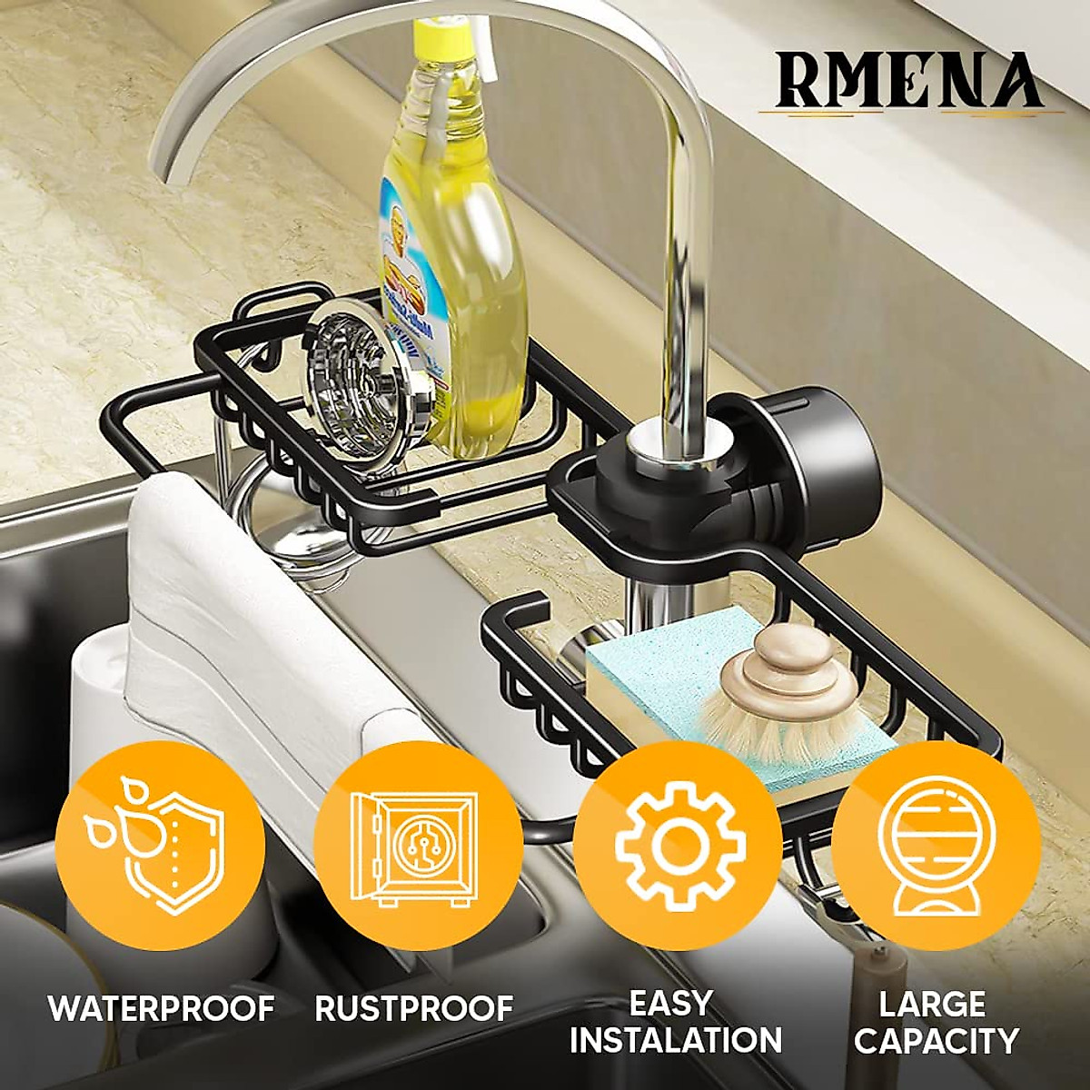 RMENA Faucet Sponge Holder Kitchen Sink Organizer – Sink Sponge Holder Faucet Drain Rack with Sponge and Cleaning Brush – Kitchen Caddy Sink Organizer for Kitchen Sink Accessories, Sponge, Dish Soap