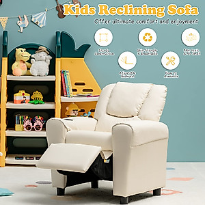 HONEY JOY Kids Recliner, 2-in-1 Toddler Armrest Sofa Couch with Cup Holders, Adjustable Footrest, PU Leather, Child-Size Recliner Chair for Boys Girls Age 3+ (Beige)
