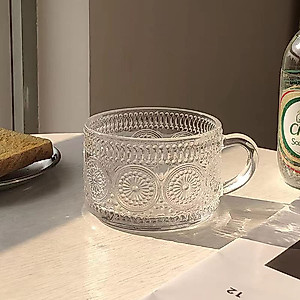 kickmove 4 Pack 14oz Glass Coffee Mugs with Spoons, Clear Embossed Vintage Cups for Latte,Cappuccino,Tea.Thanksgiving,Christmas,Valentine,Mother and Father's Day Gift for Family and Friends