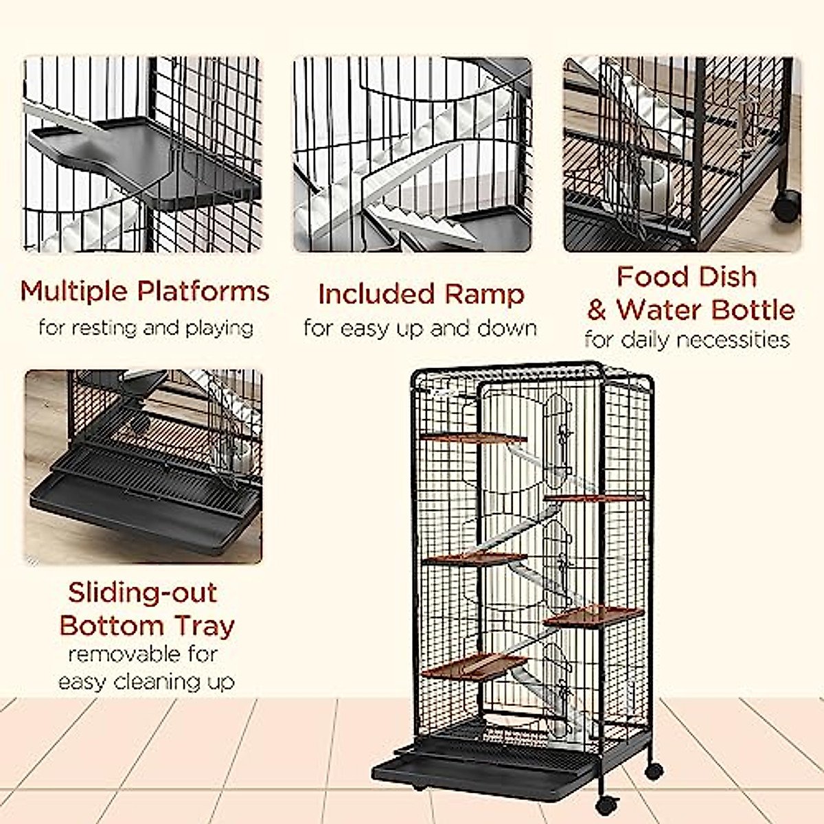 PawHut 6 Level Small Animal Cage for Dwarf Rabbits, Pet Minks, and Chinchillas w/Removable Tray, Ramp, Water Bottle, Food Dish, Small Pet Cage for Indoor Use, Black