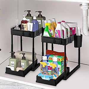 2 Pack Under Sink Organizers and Storage, 2 Tier Sliding Under Storage Drawer Organizer with Hooks and Hanging Cup,for Bathroom Kitchen Sink Organizer,Black