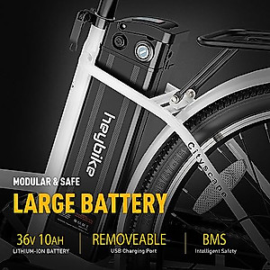 Heybike Cityscape Electric Bike 350W City Cruiser Bicycle Up to 40 Miles Removable Battery, 7-Speed and Dual Shock Absorber, 26/'' Commuter for Adults, White