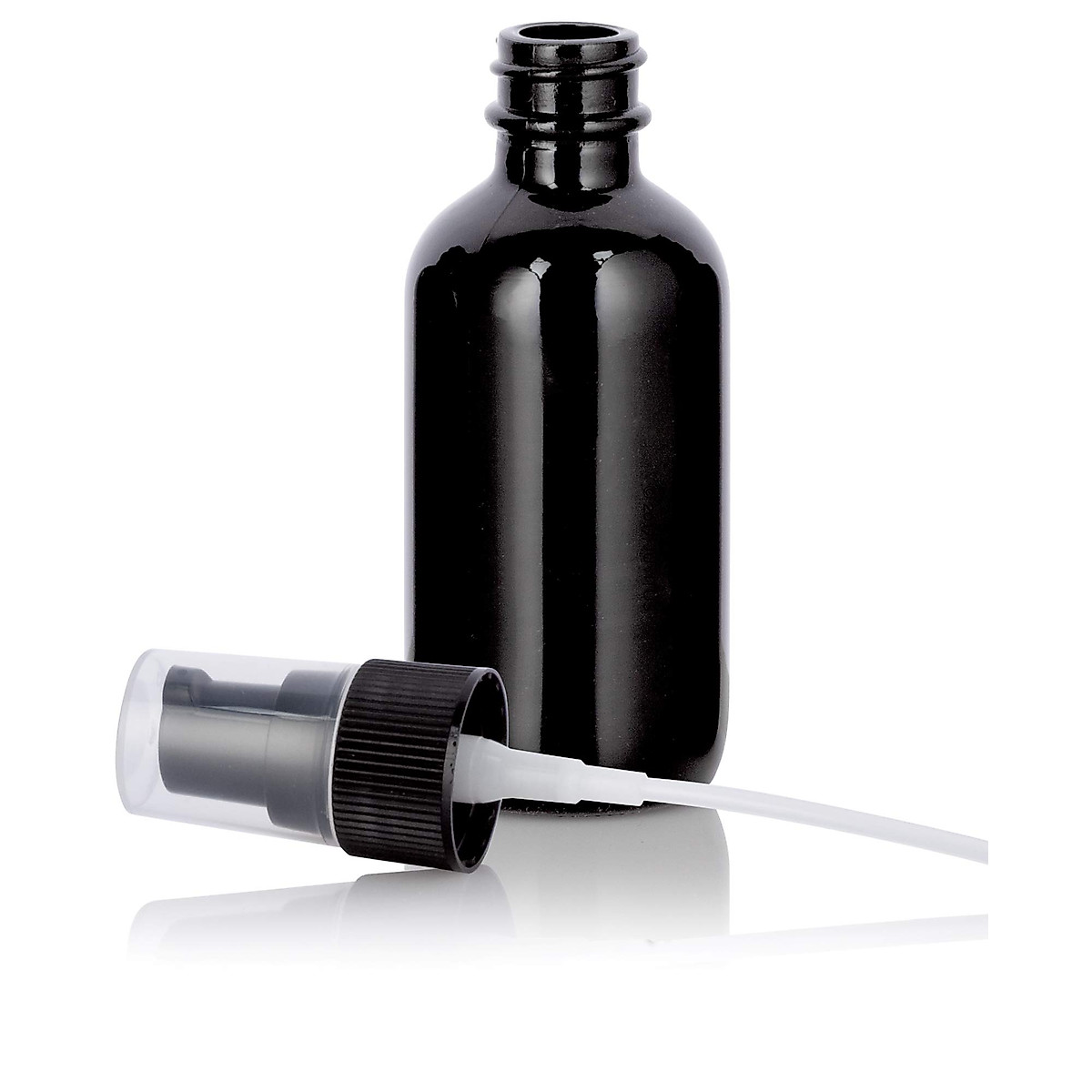JUVITUS 2 oz Black Glass Luxury Boston Round Bottle with Black Treatment Pump (12 Pack) + Funnel