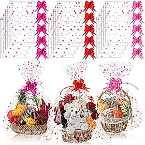 15 Pcs Clear Basket Bags Valentine Heart Printed Cellophane Basket Bags and with 15 Pcs Pull Bows, 22.8 x 28 Inches Gift Wrapping Supplies Cookie Bags for Dolls Gifts Candy Crafts Fruits