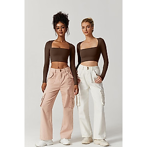 QINSEN Women's Sexy Square Neck Crop Top Long Sleeve Slim Fit Cropped T Shirts Coffee Bean M