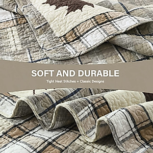 SahSahCasa Quilt Queen Size, 100% Cotton Quilt, Rustic Lodge Farmhouse Queen Quilt Bedding Set Bedspread, Reversible Lightweight Cabin Patchwork Plaid Comforter for Queen Bed, Brown/Cream, 3-Piece