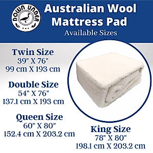 Down Under Wool Mattress Topper, King Size 100% Australian Wool Mattress Pad, 15" Deep Pocket & 0.5" Fleece Padding, Woolmark Certified Organic Mattress Protector, All Season Breathable Mattress Case