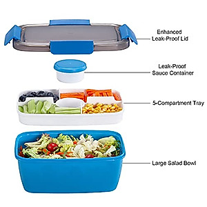 Caperci Salad Lunch Container with 68 oz Salad Bowl - Large Adult Bento Lunch Box, 5-Compartment Bento-Style Tray for Toppings, 2pcs 3-oz Sauce Cups for Dressings, Stackable, BPA-Free (Blue)