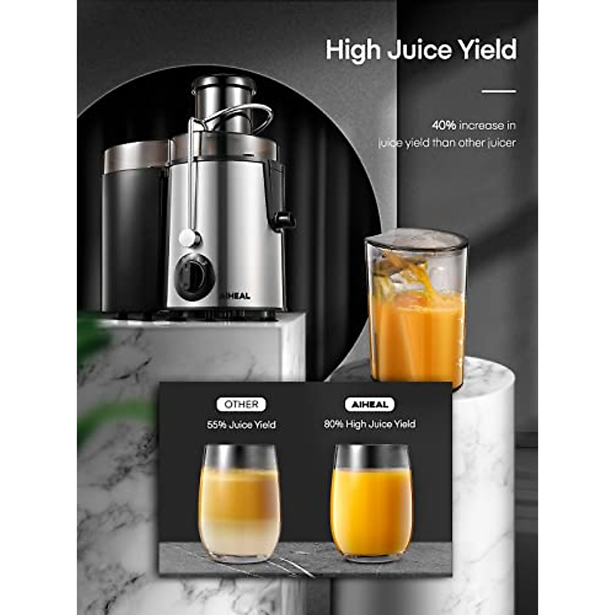 Juicer Machines, AIHEAL Juicer Vegetable and Fruit Easy to Clean, Centrifugal Juicer with 3 Speed Control, Upgraded 400W Motor, Cleaning Brush and Recipe Included