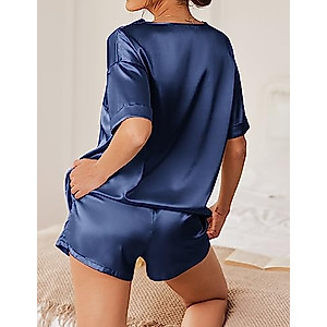 Ekouaer Pajamas Set Soft Women Satin Sleepwear 2 Piece Silk Pjs top and Shorts Sleep Nightwear Navy Blue