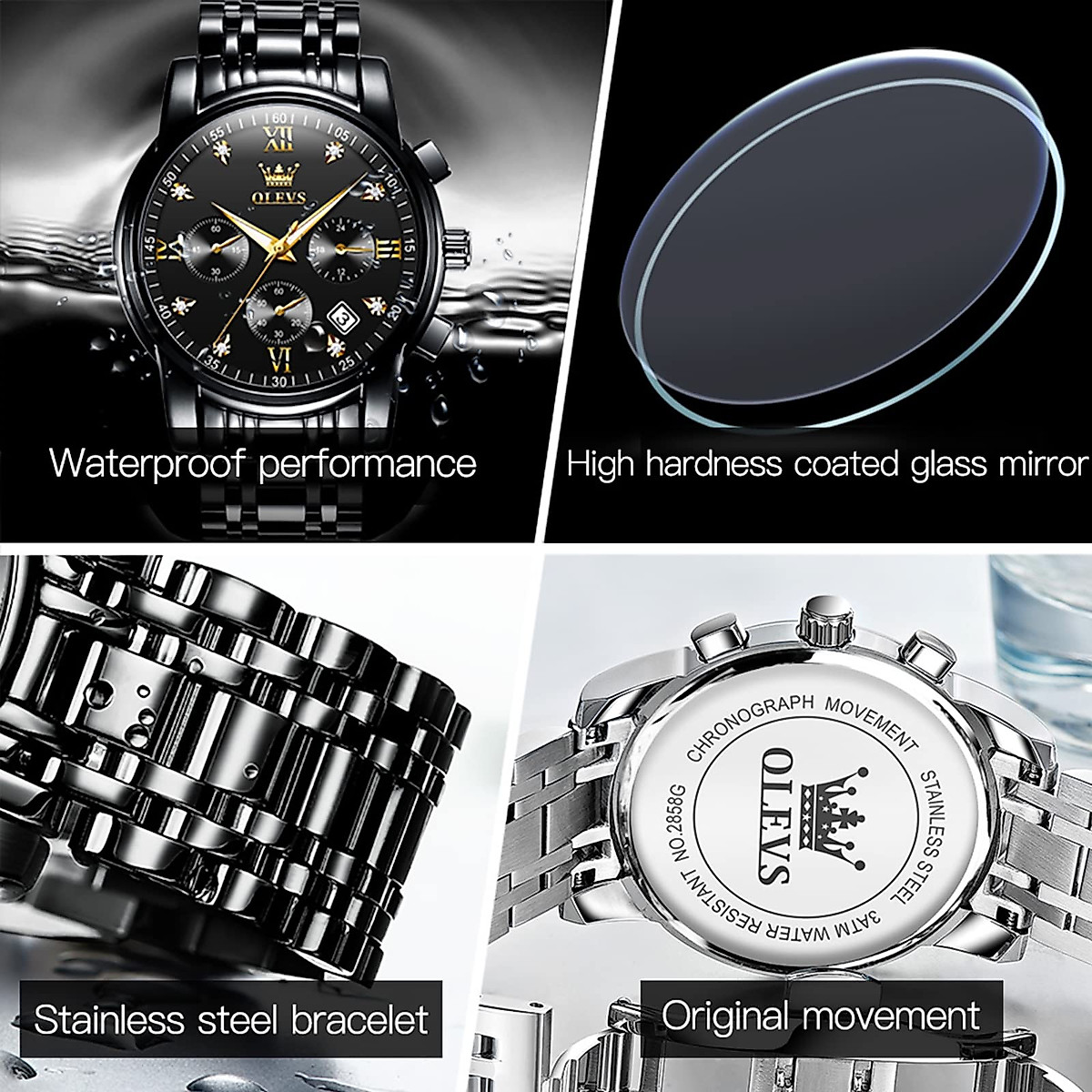 Black Watch for Men OLEVS Watch Men Stainless Steel Watches Waterproof Luxury Business Dress Mens Watches Quartz Analog Classic Big Large Face Watches Black Dial with Day and Date,relojes para hombres
